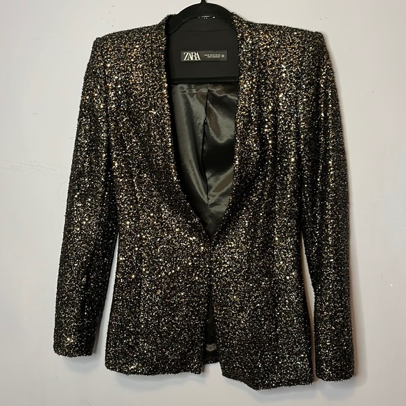 Zara | Jackets & Coats | Zara Black And Gold Sequined Sparkly Blazer ...